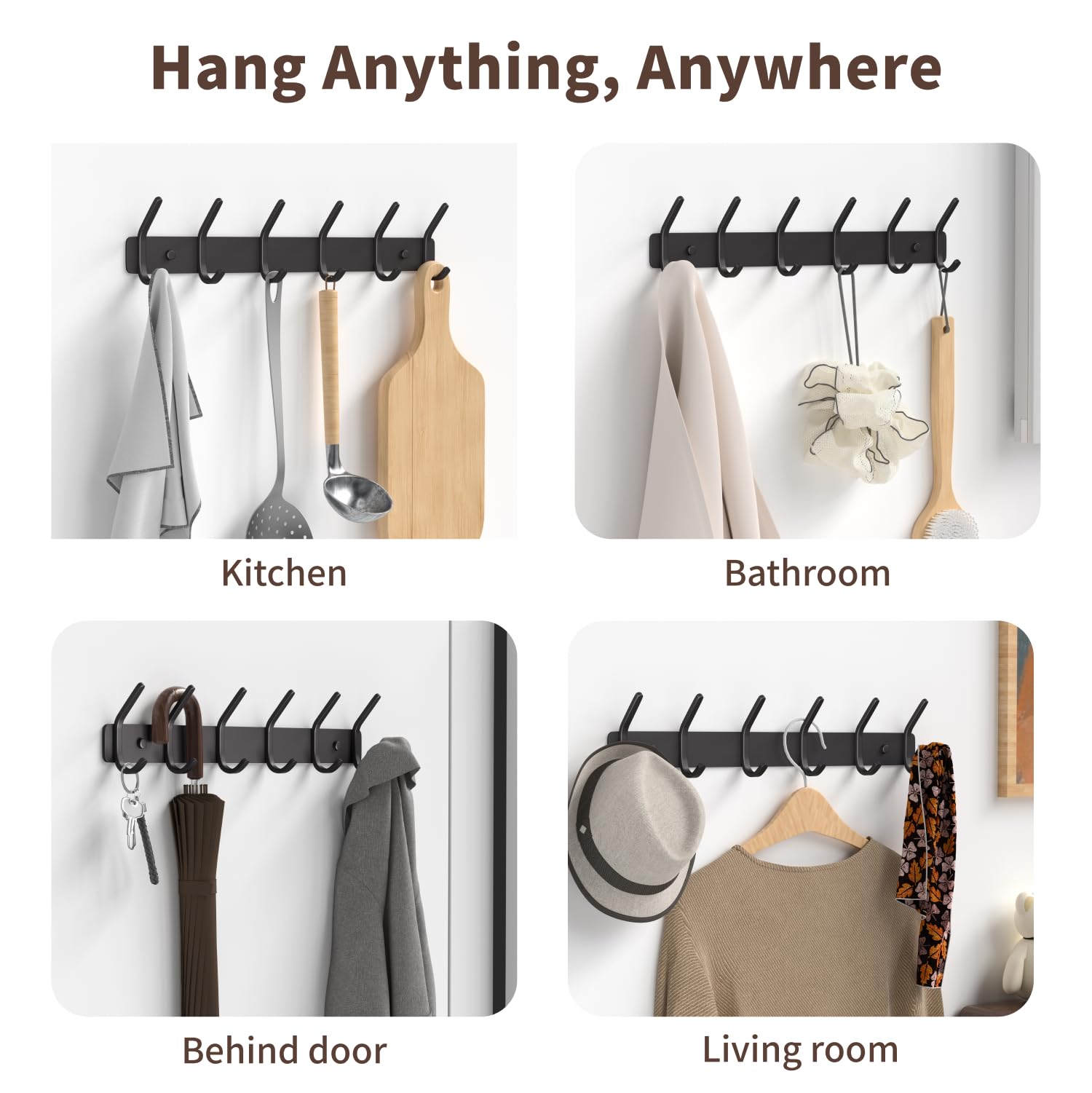 GWAAZXGZ Coat Rack Wall Mount Hooks - Black 15 Inch Coat Hooks with 6 Double Hooks for Hanging, Hat Rack for Wall, Suitable for Kitchen and Bathroom, 1 Pack