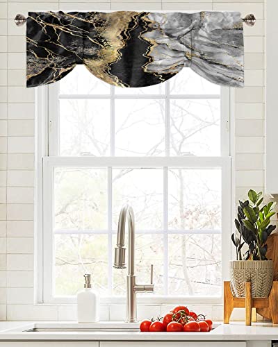 SIGOUYI Kitchen Curtains, Black White Gold Marble Valances for Windows, Short Curtains Rod Pocket Bathroom Curtains Window, Kitchen Window Curtains Over Sink, 42x12in Valances for Kitchen