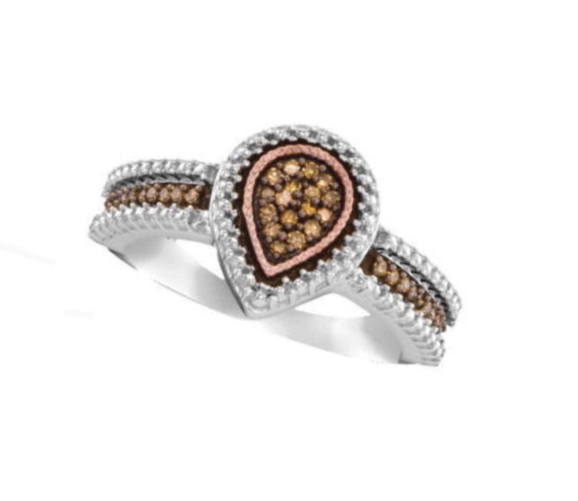 Brandy Diamond Silver Rose Tone Chocolate Brown Diamond Loving You Forever Teardrop Design Ring 1/6 Ctw.