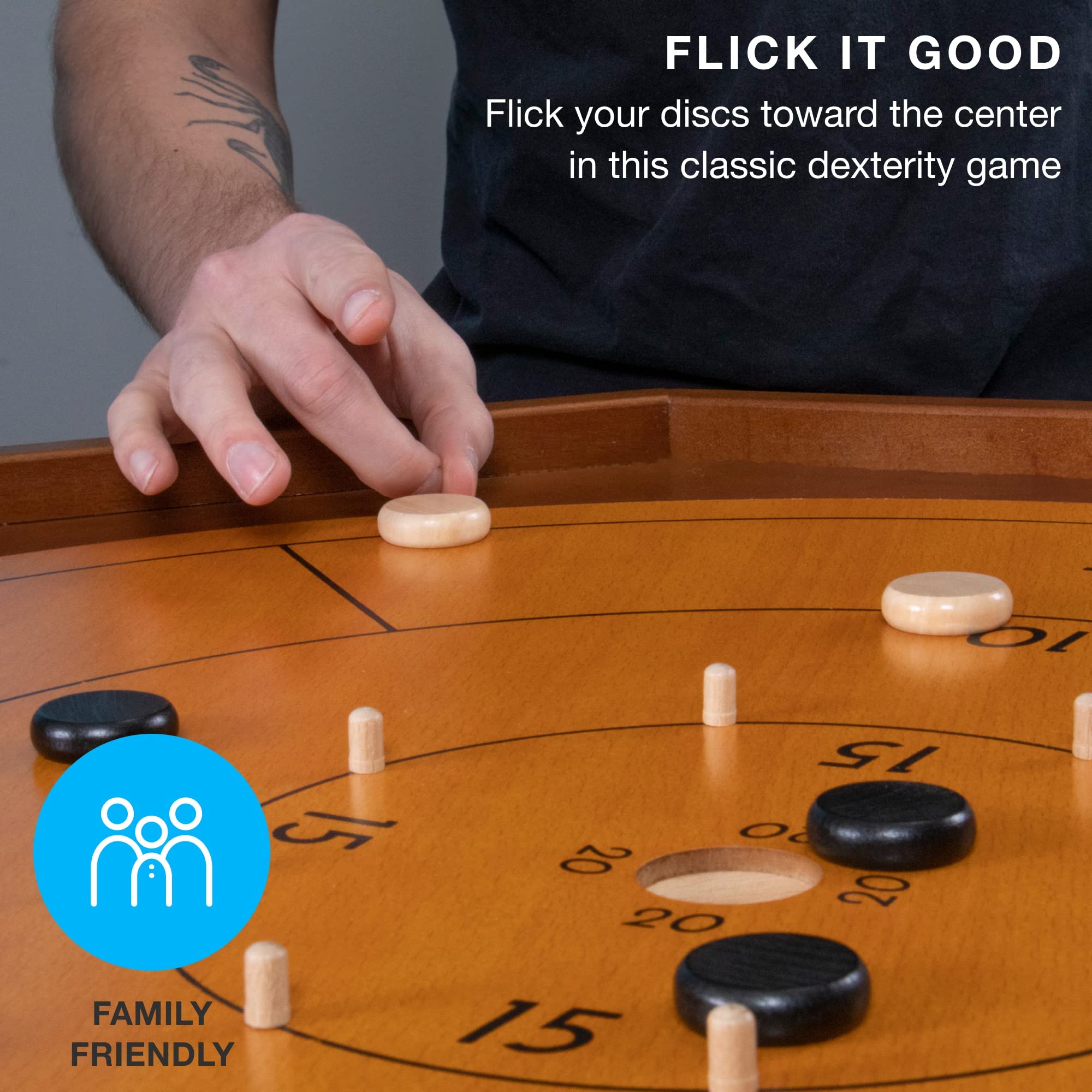 Tournament Crokinole & Checkers | Classic Dexterity Board Game for Two Players | 24 Black & White Discs & Game Board | 27 Inch