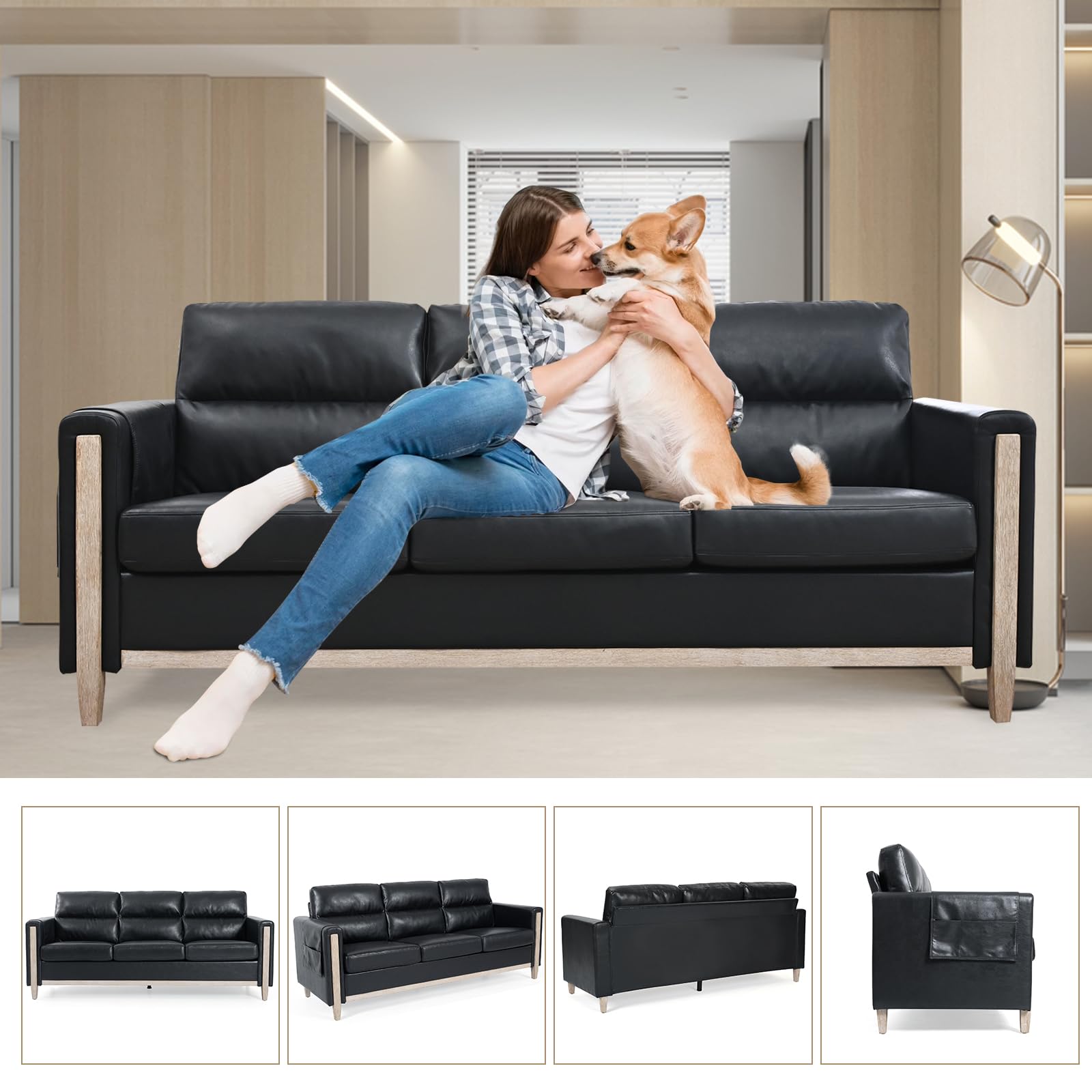 KUVENQIW Faux Leather Sofa Couch with 2 Side Storage Pockets 79.5" Solid Wood 3 Seater Sofa,Soft Cushions,Thick Backrest,Couches for Living Room/Bedroom/Office (Black PU Three-Seater)