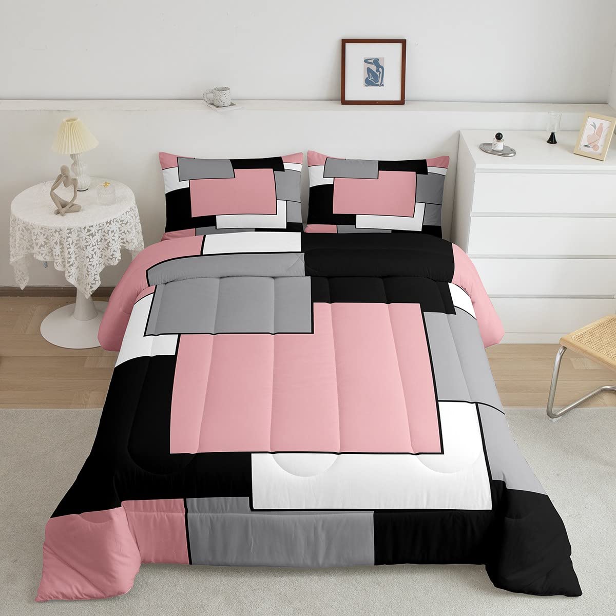 Geometric Queen Comforter for Kids Teens,Mid Century Abstract Bedding Set Modern Pink Grey Black Grey Bedding Comforter Sets for Home Room Decor Geometry Lines Striped Duvet Insert with 2 Pillowcases