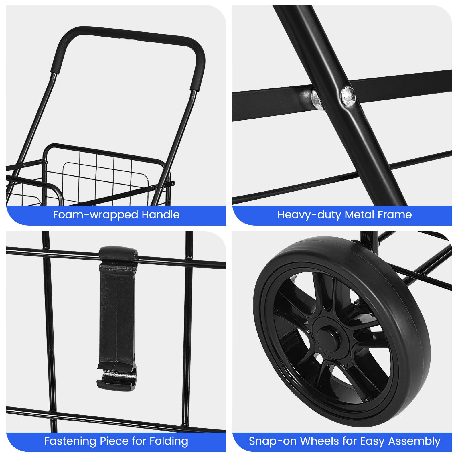 COSTWAY Folding Shopping Cart, Heavy Duty Grocery Utility Cart with Foam Wrapped Handle & Large Wheels, Versatile Rolling Cart with 22 Gal Metal Basket for Warehouse, Supermarket & Laundry