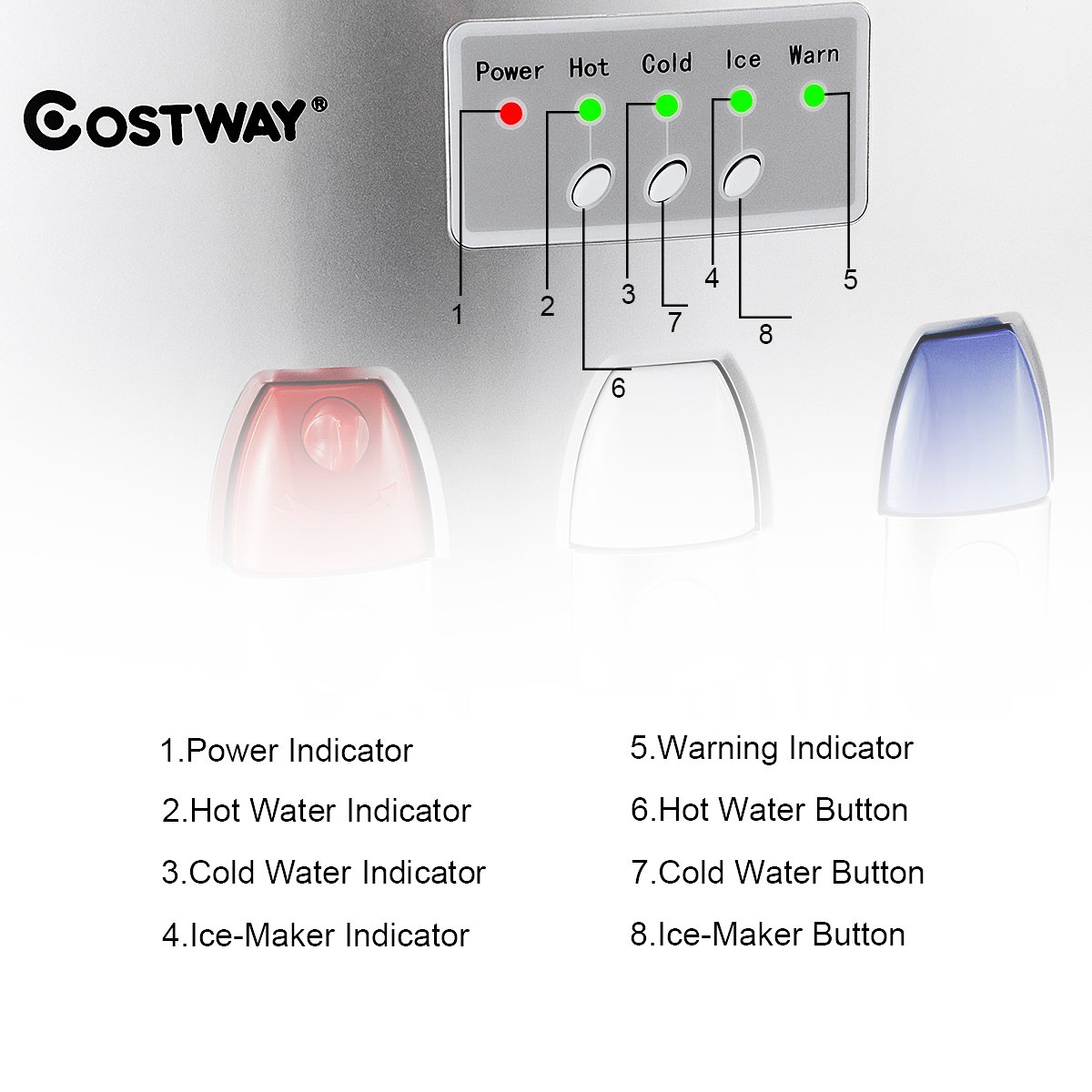 COSTWAY 2-in-1 Water Cooler Dispenser with Built-in Ice Maker, Freestanding Hot Cold Top Loading Water Dispenser, 27Lbs/24H Ice Maker Machine with Child Safety Lock, Silver