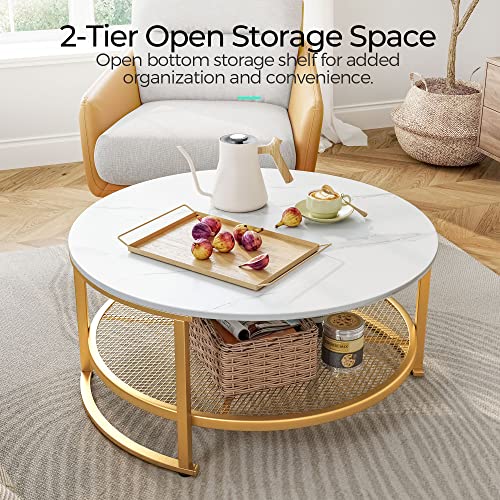 LINSY HOME Round Coffee Table for Living Room, Modern Coffee Table with Open Storage,Wood Surface Top & Sturdy Metal Legs Large Circle Coffee Table for Stylish Design Home,White and Gold