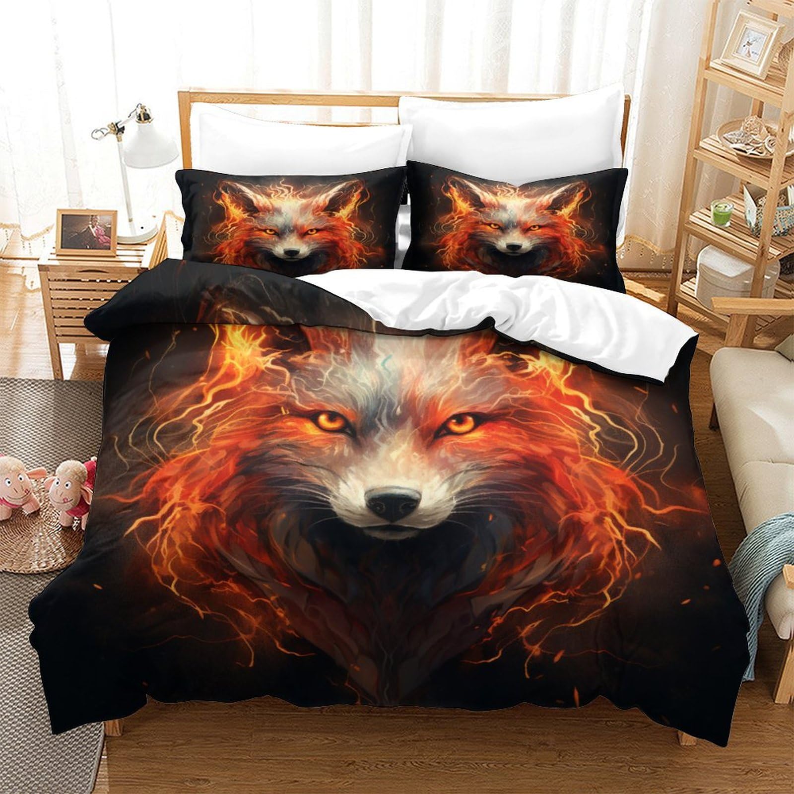 Fox Comforter Covers Quilt Cover 3D Print Fire Duvet Cover for Teens and Adults with Zipper Closure Bedding Set Soft Microfiber with Pillow Cases 2 Pieces Twin（173x218cm）