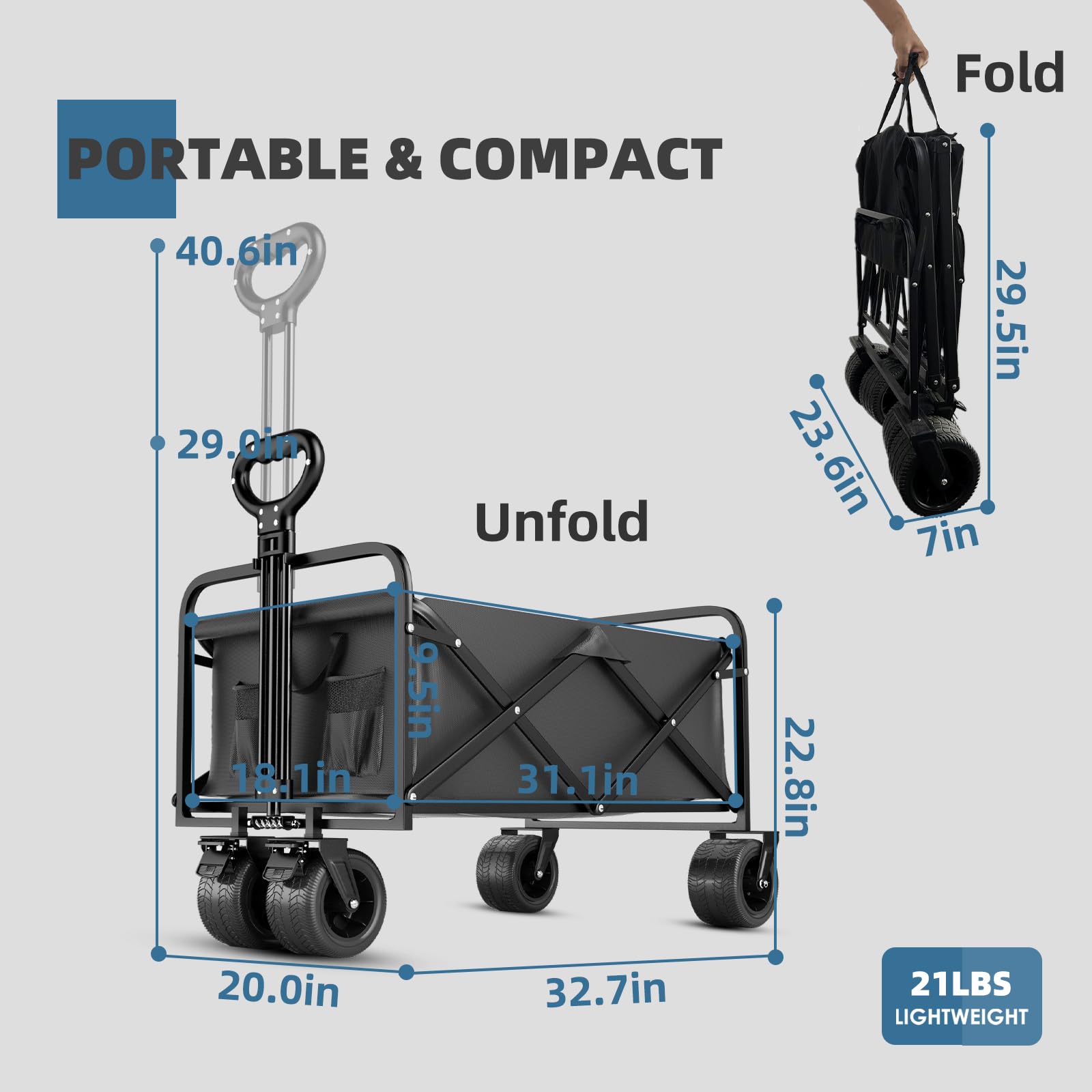 Collapsible Folding Beach Wagon Heavy Duty, 400LBS Capacity Foldable Wagon Carts with Big Wheels and Lock for All Terrain, Garden, Grocery, Outdoor, Camping