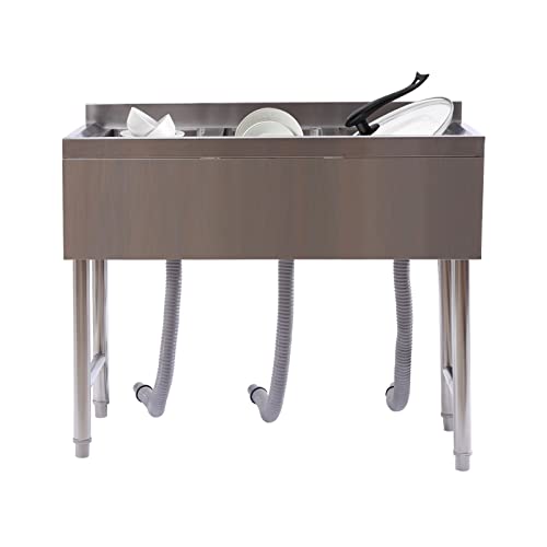 FXEIPOL 3 Compartment Stainless Steel Sink Stainless Steel Utility Sink Commercial Utility Basin with Baskets Freestanding Restaurant Sink for Gardens, Balconies