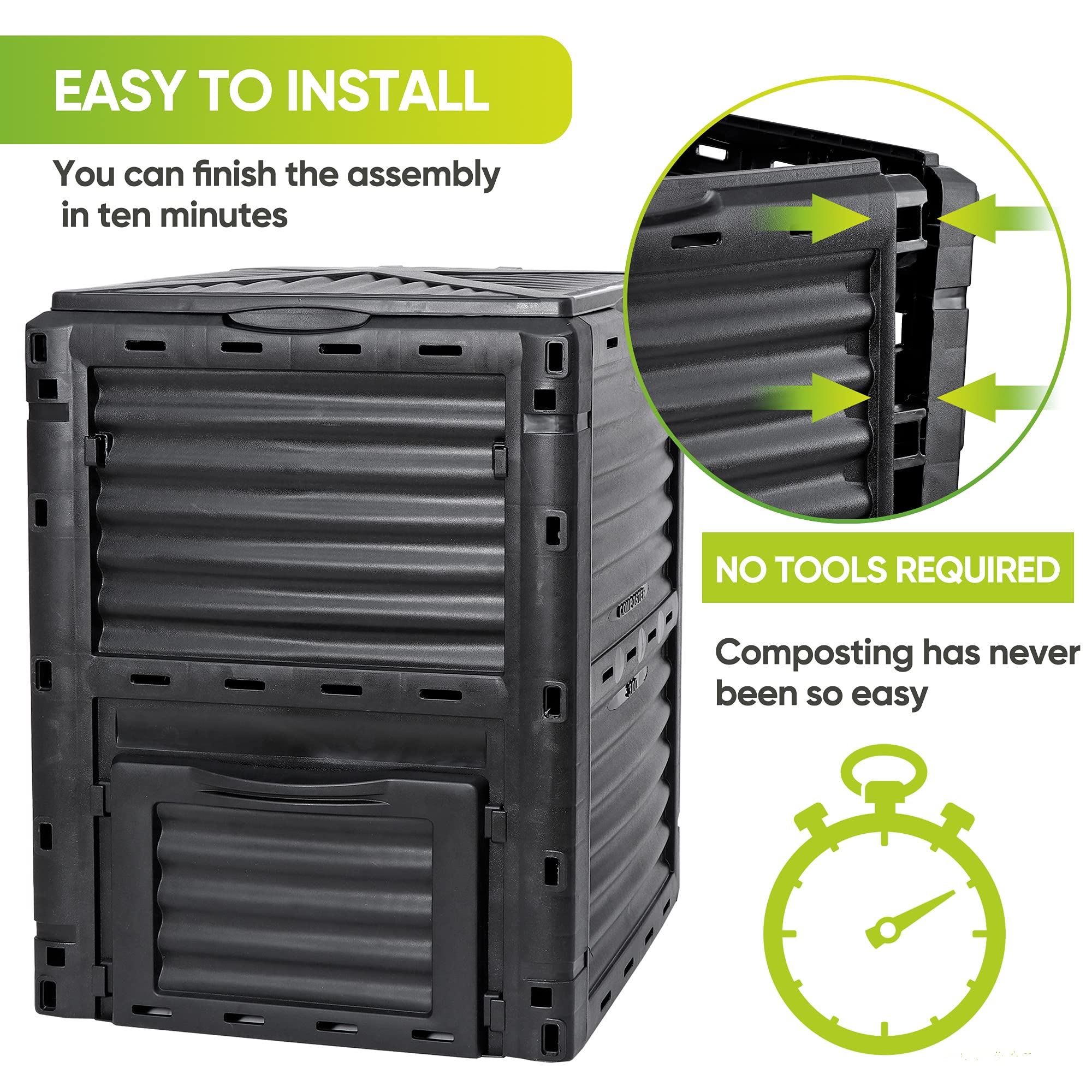 JupiterForce Garden Compost Bin 80 Gallon (300 L) from BPA Free Material, Classic Compost bin by Easy Assembling, Large Capacity, Fast Creation of Fertile Soil, Household Waste Saver, Black