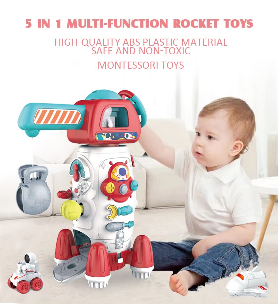 cxjoigxi Rocket Ship Toy for Kids 3-5,Montessori Toys for 1 2 3 Year Old Boy Girl,5 in 1 Space Rocket Explore Toys,Early Development Learning Toys for Gift