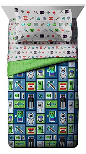 Jay Franco Minecraft Monster Hunters 4 Piece Twin Bed Set - Includes Reversible Comforter & Sheet Set - Bedding Features Creeper - Super Soft Fade Resistant Microfiber (Official Minecraft Product)