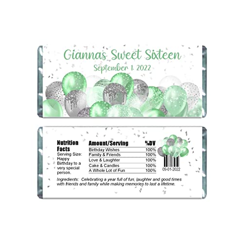 Glitter Balloons Personalized Candy Bar Wrappers for Chocolate, Birthday Party Favors, Hershey Bar Labels, Pack of 20, Assorted Colors (Green)