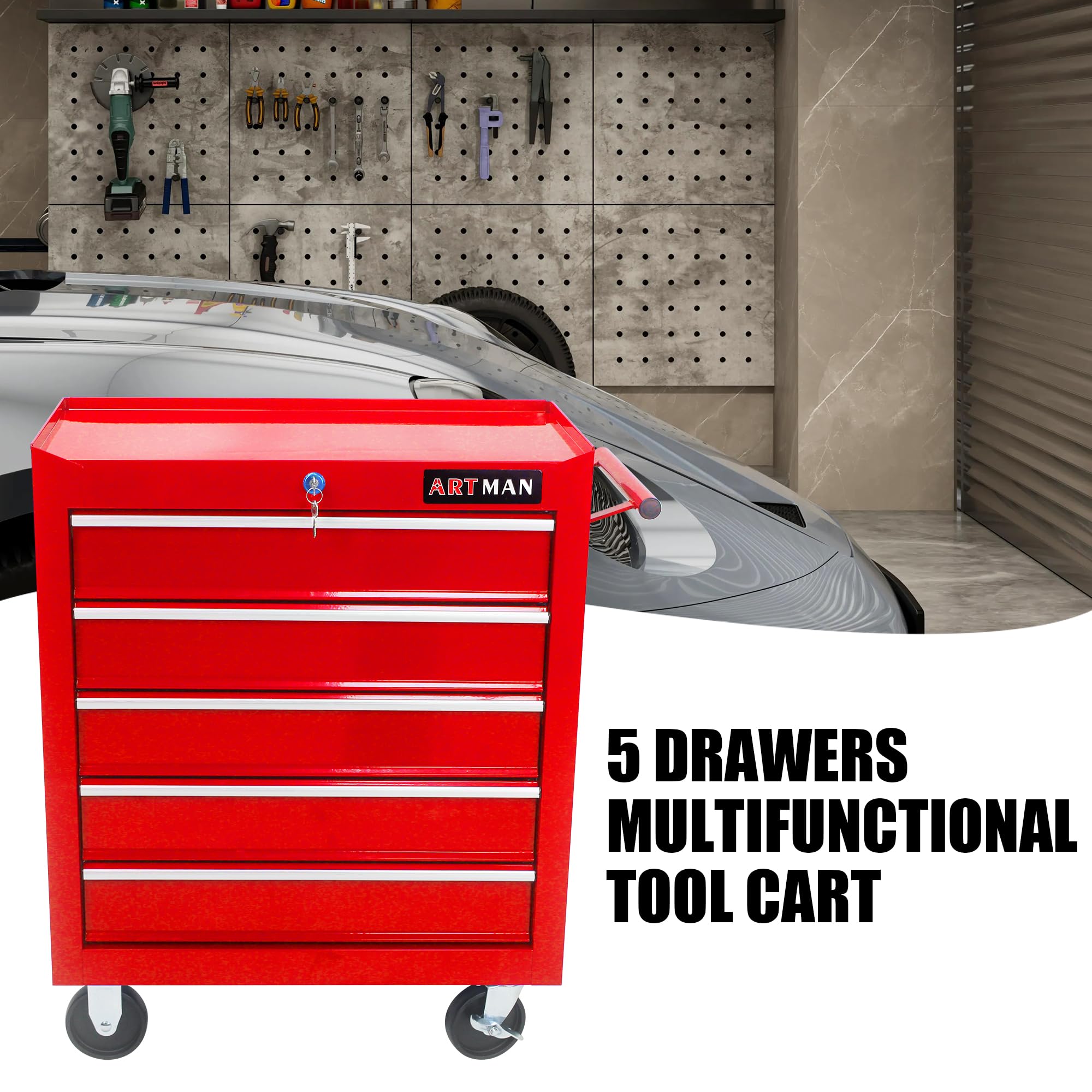 Campfun Rolling Tool Cart 5-Drawer, Metal Tool Storage Organizer Trolley with Interlock System and Wheels, Multifunctional Mechanic Tool Chest for Garage, Warehouse, Workshop, Repair Shop, Black