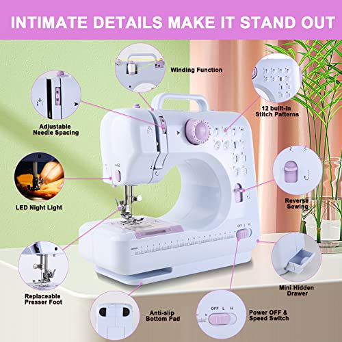 JUCVNB Mini Sewing Machine for Beginners and Kids, Sewing Machines with Reverse Sewing and 12 Built-in Stitches, Portable Sewing Machine with 27 Pieces Accessory Kit Included 2 Speed with Foot Pedal