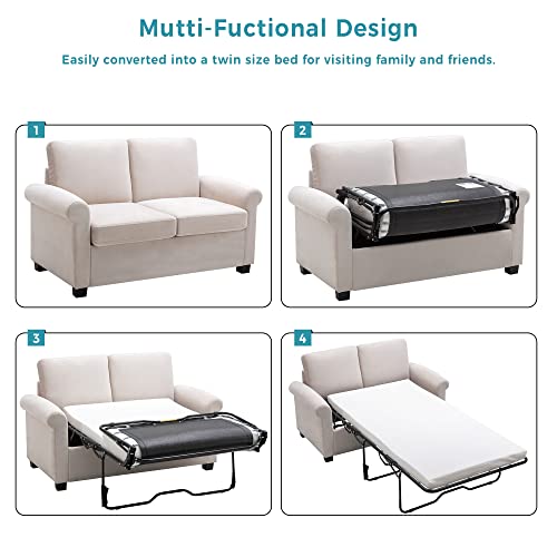 Harper & Bright Designs Pull Out Sofa Bed, Sleeper Sofa Bed with Premium Twin Size Mattress Pad, 2-in-1 Pull Out Couch Bed, Loveseat Sleeper for Living Room, Small Apartment, Beige White