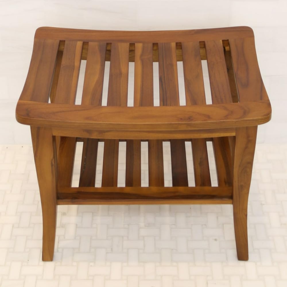 DARBUT Teak Shower Bench with Storage Shelf, 20-Inch Wood Shower Seat for Indoor Outdoor Use - Fully Assembled,Small Bench Seat, Small Side Table Stool,Bathroom Stool Wood,Fully Assembled