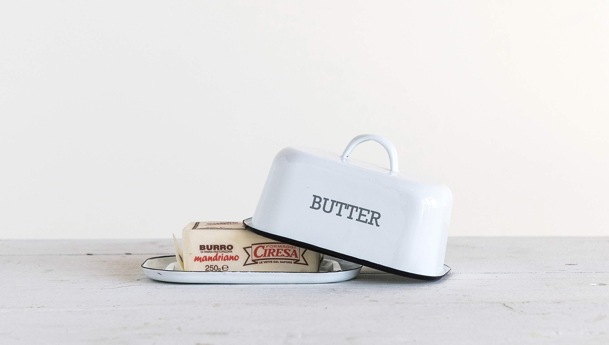Creative Co-Op White Enameled Steel Butter Dish with Black Rim Food Storage