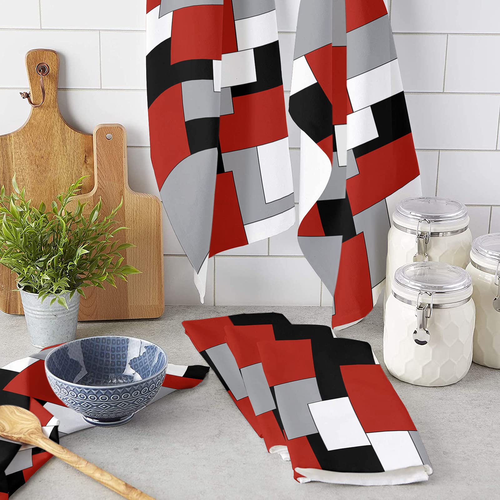 Cotton Kitchen Towels Super Soft Absorbent Kitchen Dish Towels for Drying Dishes/Hand/Tea/Bar Towels White Grey Black Red Abstract Irregular Geometric Cleaning Kitchen Towels 2 Pack, 18x28 Inch