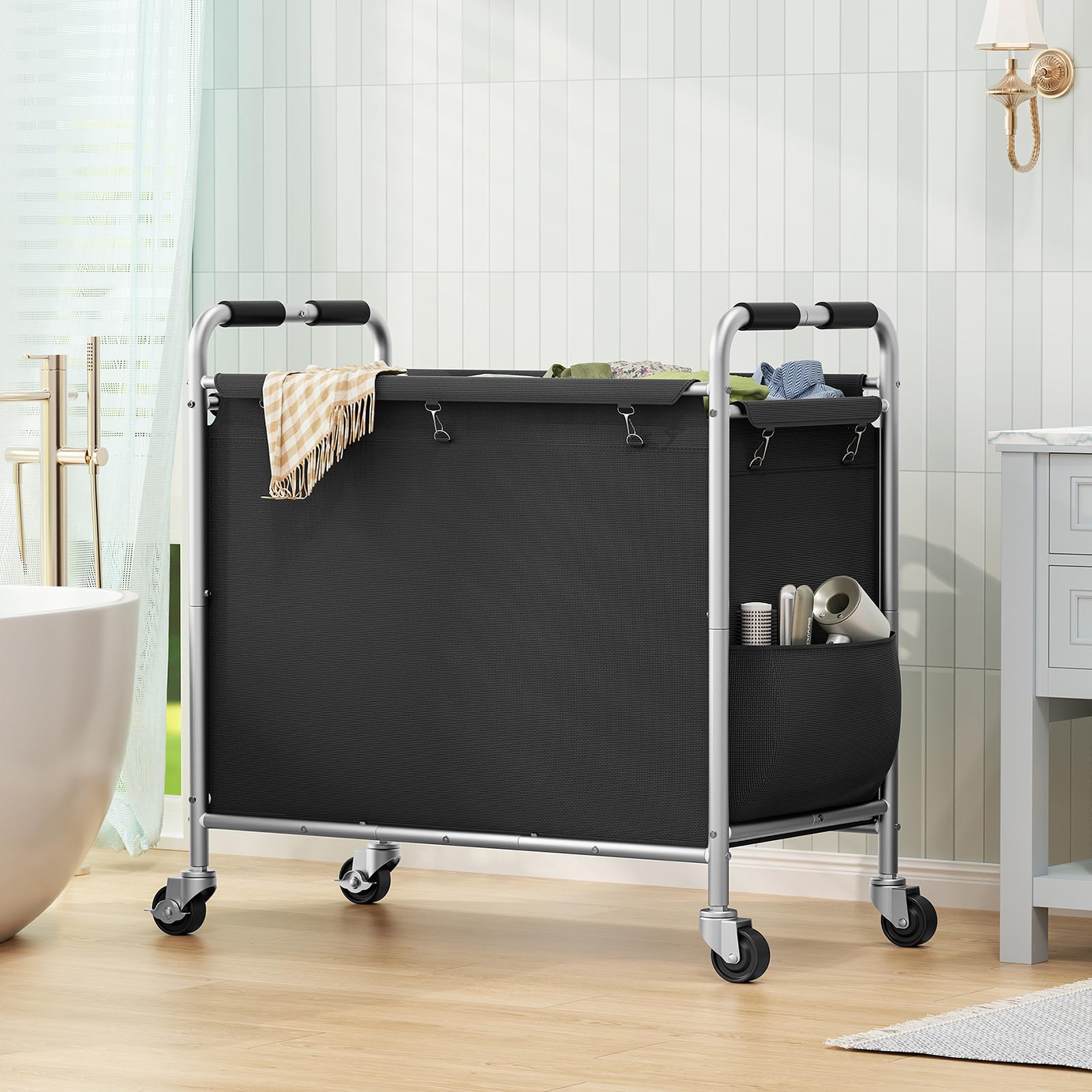 FIONESO Laundry Basket with Wheels, Rolling Laundry Sorter Cart with Side pockets, 79.3GAL(300L) Heavy Duty Laundry hamper with Removable Bag, Commercial Laundry Cart for Laundry, Bedroom, Black