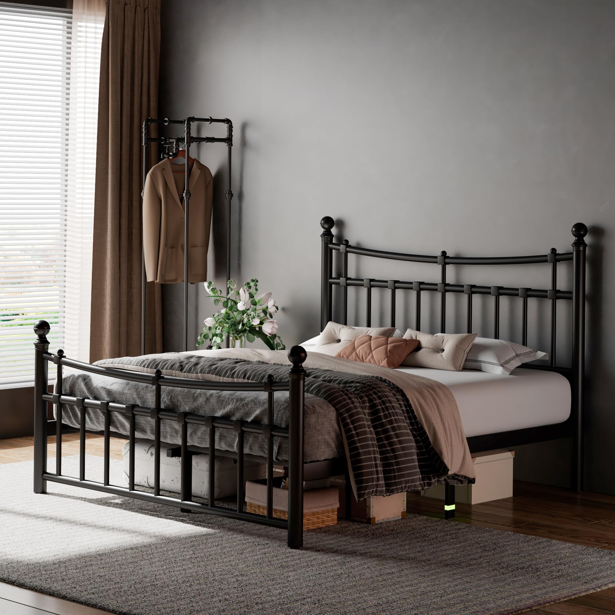 Feonase Queen Size Metal Bed Frame with Modern Iron-Art Headboard & Footboard, Platform Bed Frame with 12" Storage Space, Hardened Steel Slats, No Box Spring Needed, Black