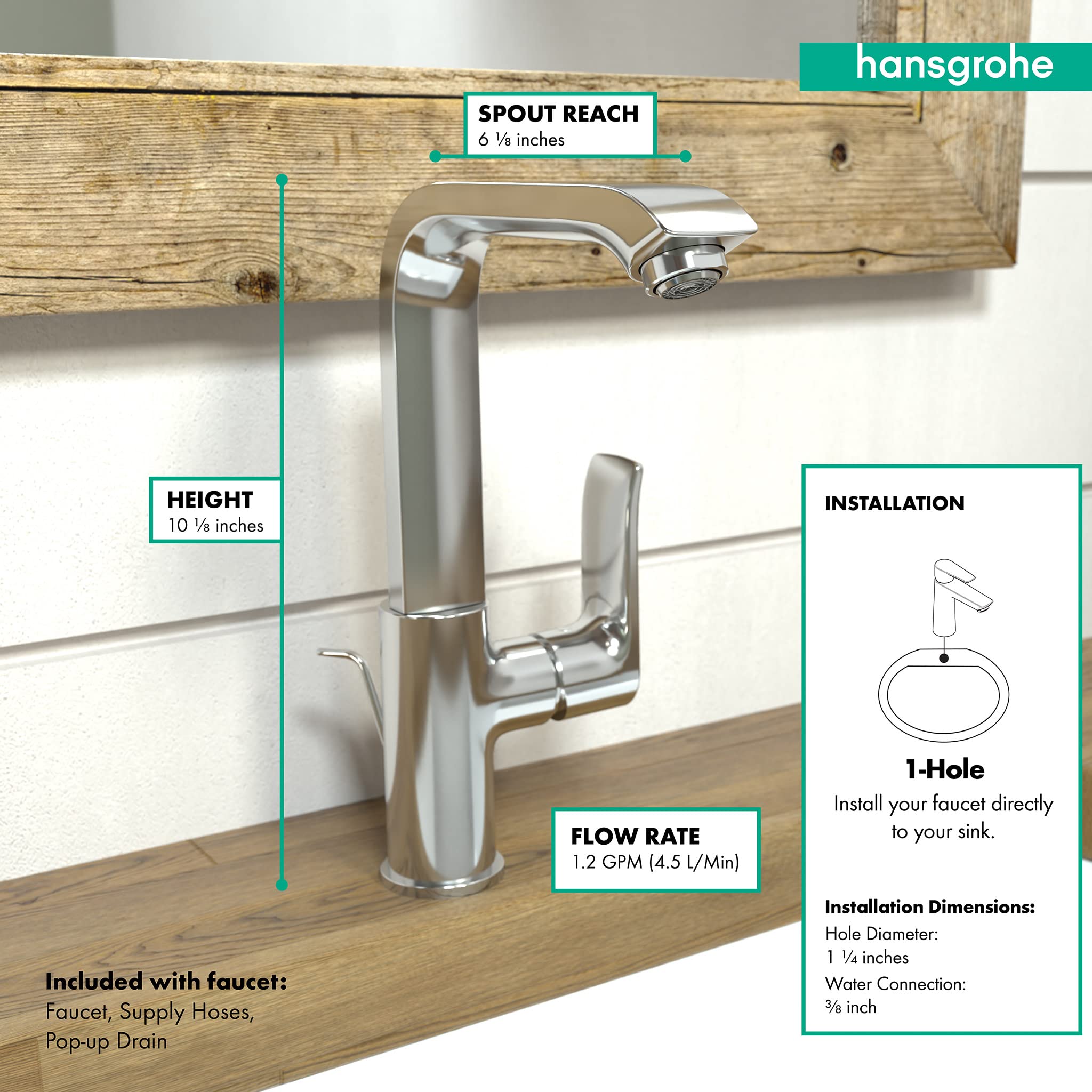 hansgrohe Metris Modern Upgrade Easy Install 1-Handle 1 10-inch Tall Bathroom Sink Faucet in Chrome, 31087001,Small