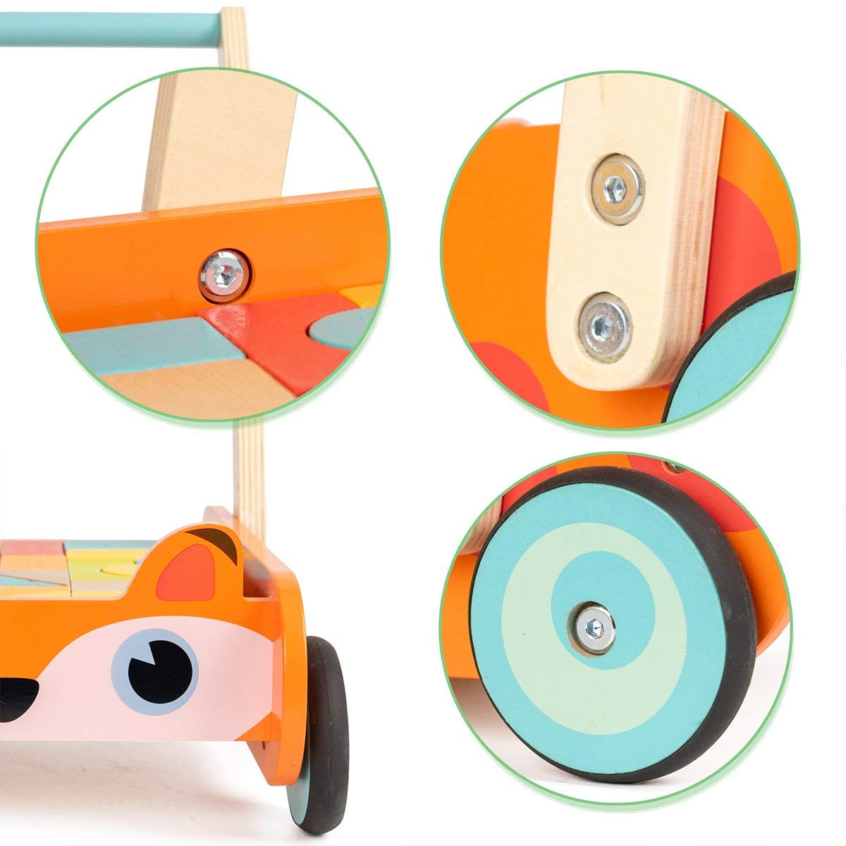 cossy Wooden Baby Learning Walker Toddler Toys for 1 Year Old and up, Fox Blocks and Roll Cart Push Toy (35 pcs) UPDATED VERSION