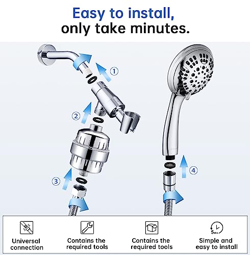 G-Promise Luxury Filtered Handheld Shower Head, 6 Spray Settings Shower Set with Effective Filter of 2 Cartridges, Adjustable Metal Bracket, Extra Long Stretchable Hose, Chrome (Chrome with Filter)