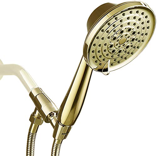 G-Promise Luxury High Pressure 5β Face 6 Setting Detachable Handheld Shower Head with Extra Long Flexible Metal Hose(70β Stretches to 75β), Adjustable Metal Holder, Polished Brass Finish (2.5GPM)