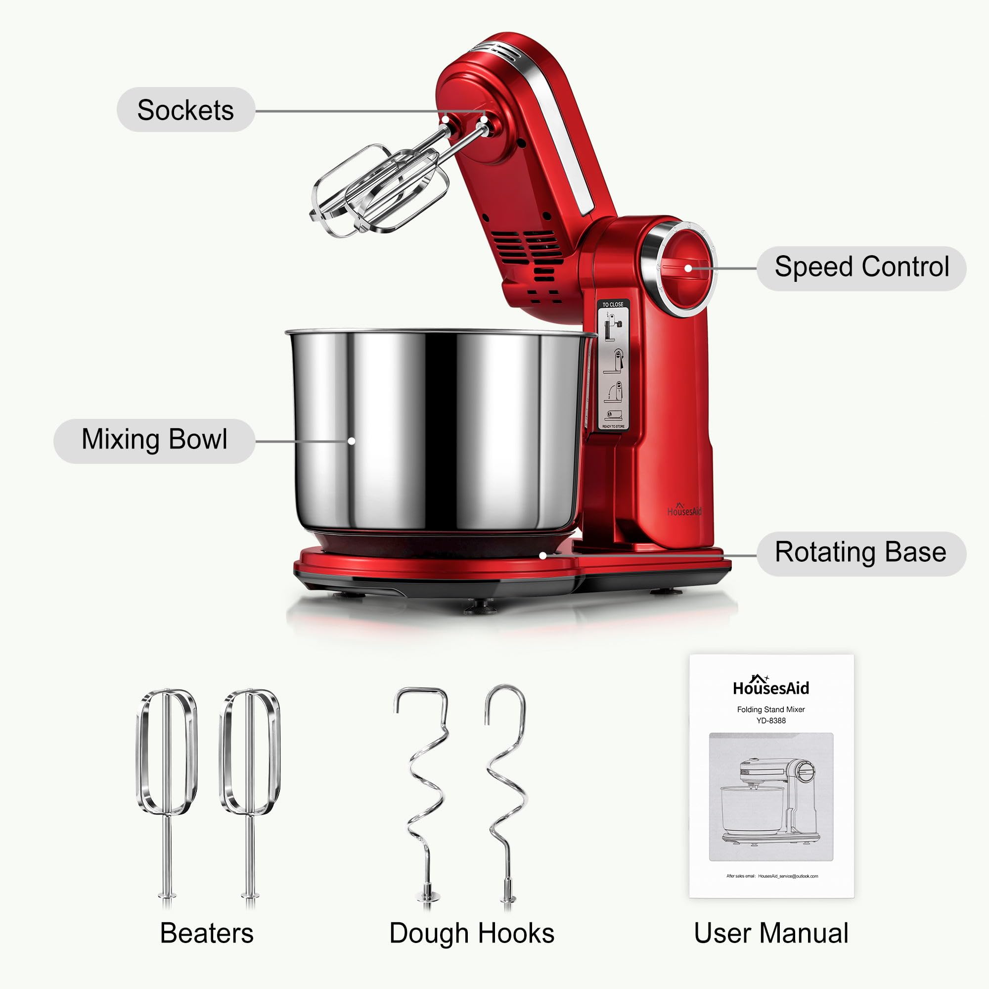 HousesAid Foldable Stand Mixer, 3.7QT Electric Kitchen Mixer, 6 Speeds with Dough Hook & Beater, Space-Saving Design for Small Kitchen, Ideal for Baking & Daily Use, Red