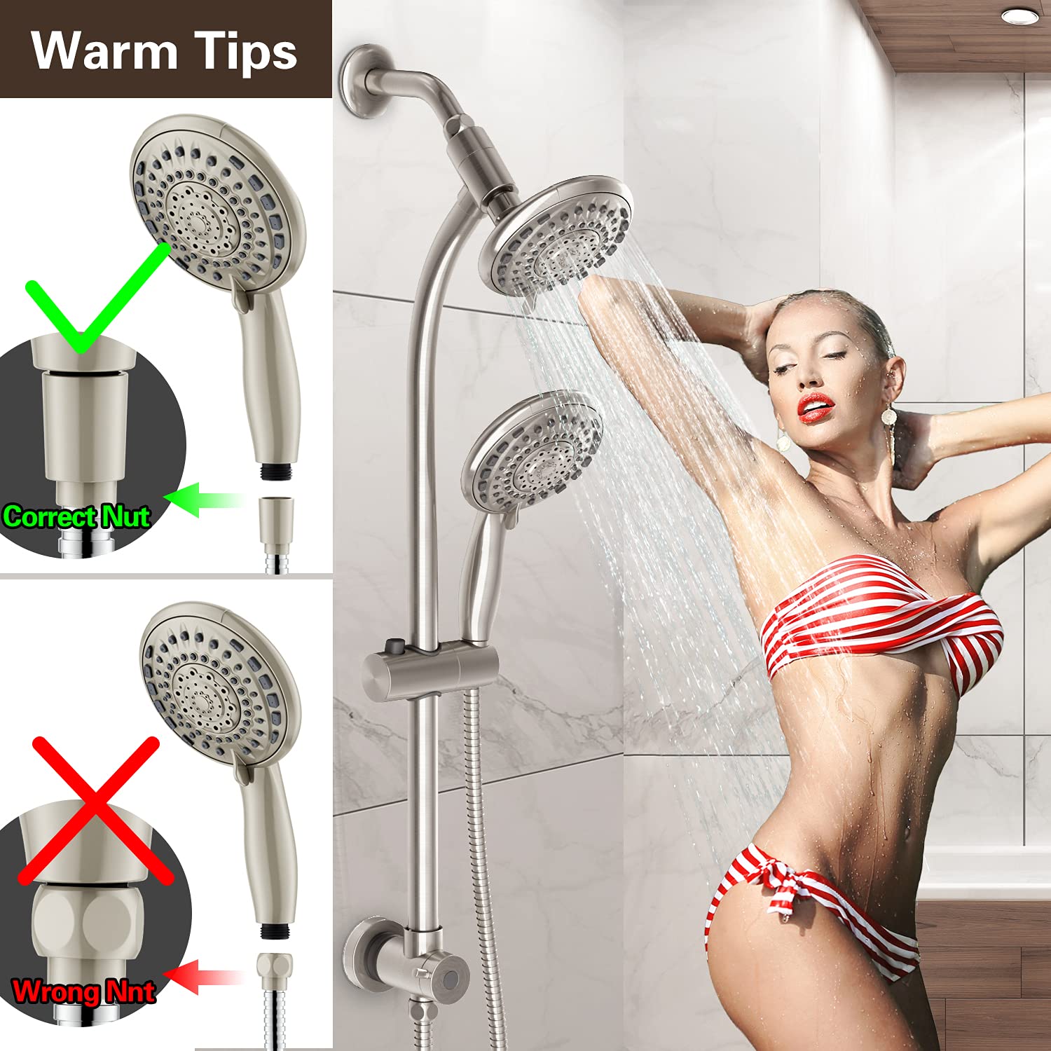 Egretshower Handheld Showerhead & Rain Shower Combo for Easy Reach, 27.5" Drill-free Stainless Steel Slide Bar, 5”of 5-setting Handheld Shower and Showerhead, with 5ft Hose -Brush Nickel