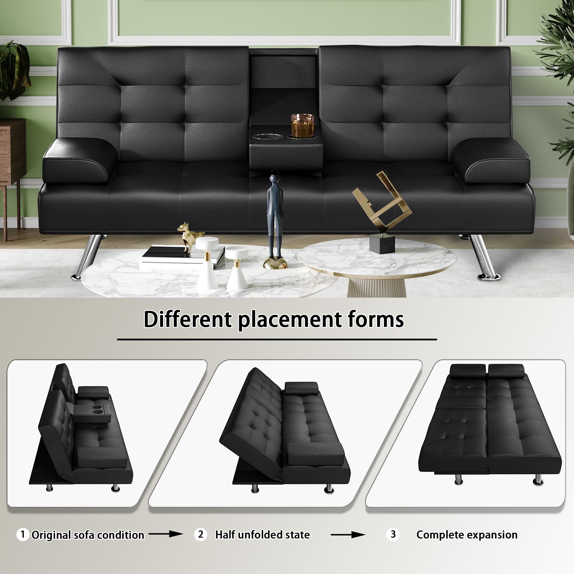 KYLE & KAY Convertible Sofa Bed, Upholstered Comfy Couch with Adjustable Backrest, Modern Sleeper Sofa for Living Room, Bedroom, Office, Apartment, Black