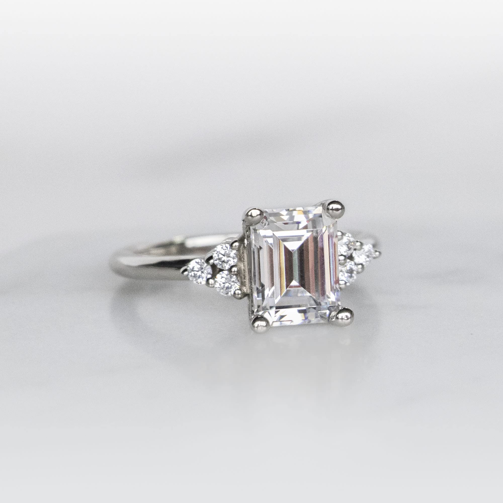 Diamond Nexus Moissanite Muse Emerald Cut Engagement Ring 1 Ct. DEW Center Emerald Cut Wedding Jewelry, F-G Color, VVS 1 Clarity, Solid 14K White Gold, Ring Size 4