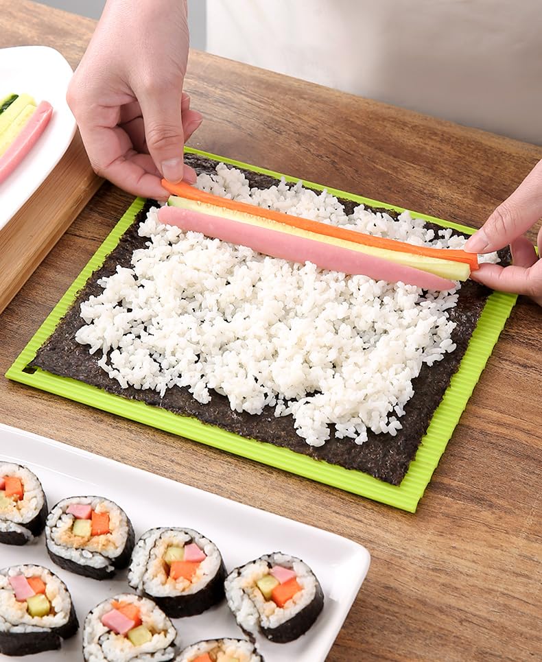 Fejapa Silicone Sushi Making Kit Sushi Mat Sushi Roller for Beginner Rice Rolling Mat Non Stick Japanese Reusable Sushi Plate Mat Homemade for Kitchen DIY Spam Musubi Mold