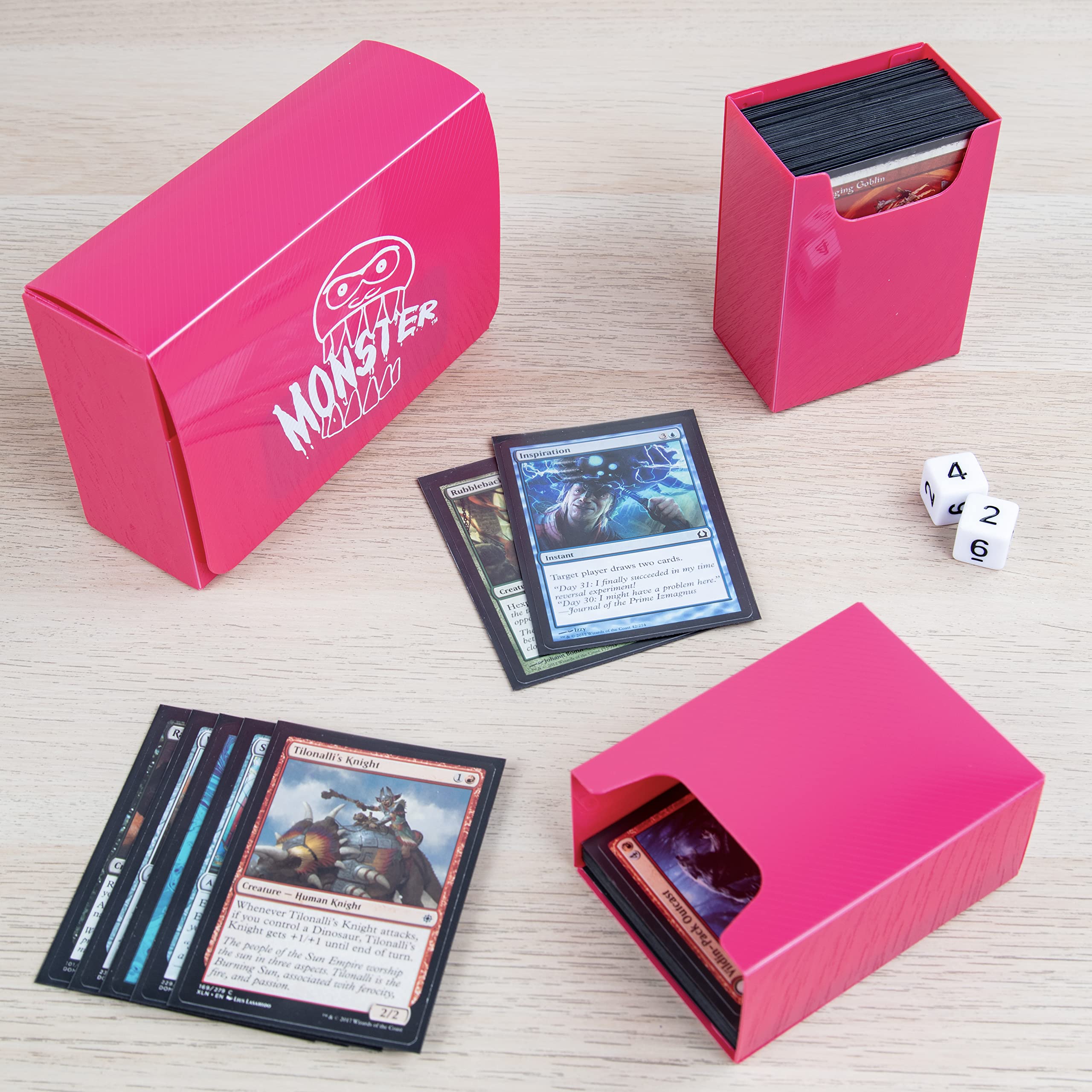 Monster Protectors Magnetic Double Deck Box - Pink, Holds 150 Gaming TCGs, Self-Locking Closure, Compatible w Standard & Smaller Size Gaming Trading Cards, Removable Construction
