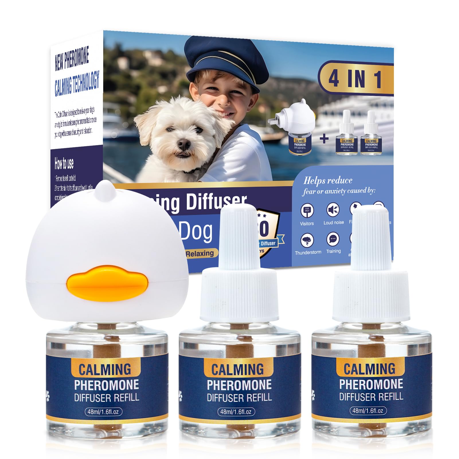 Dog Pheromone Calming Diffuser 4 In 1 Appeasing Pet Pheromones Diffuser to Calm Kit (Plug in+ 3 Pack 48ml Refill) for Anxiety Relief Reduce Barking Aggression Fighting Stress 90 Day Supply(Orange)
