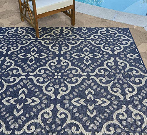 Gertmenian Indoor Outdoor Classic Flatweave Area Rug, Stain & UV Resistant Carpet, Deck, Patio, Poolside & Mudroom, 8x10 Ft Large, Floral Medallion, Navy Blue, 21571