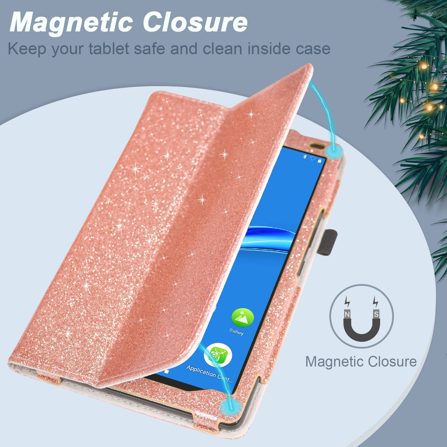 DMLuna Case for Moxee Tablet 2 8 Inch (Model: MT-T8B22) 2022 Release, Folio Premium PU Leather Cover with Hand Strap/Card Holder, Glitter Rose