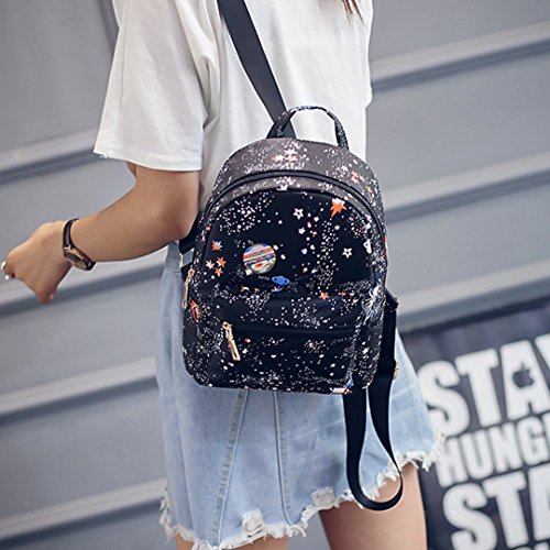 CLARA Fashion Mini Backpack Star Universe Space Printing Travel Bag PU Leather Casual Daypack Small Satchel Black