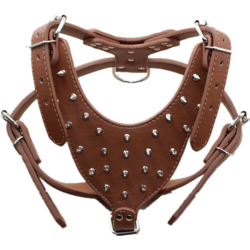 Haoyueer Leather Spiked Studded Medium & Large Dog Collars, Harnesses & Chain Leashes 3Pcs Matching Set for Pit Bull,Mastiff, Boxer, Bull Terrier