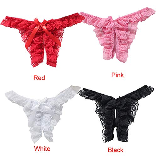 Toxz Sexy Lace Bow Thong Floral Lace Satin Embroidered Crotchless,G-String T-Back Panty Open Side Women Underwear,Plunging Eyelash,Black