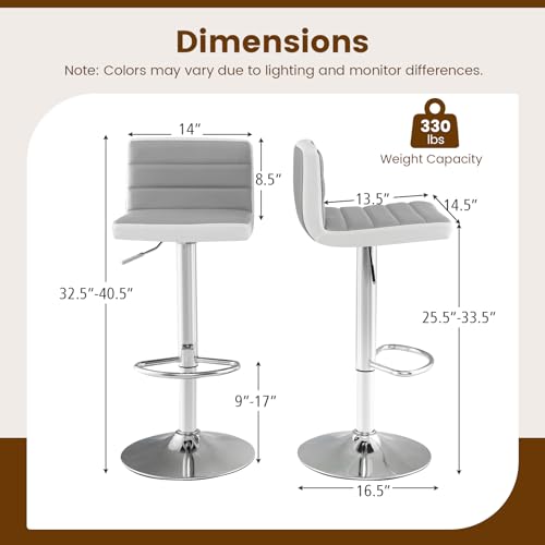 COSTWAY Adjustable Bar Stools Set of 4, Modern Swivel PU Leather Bar Chairs with Back, Footrest, Counter Height Upholstered Barstools for Kitchen Island Dining Living Room Bistro Pub Cafe, Grey+White