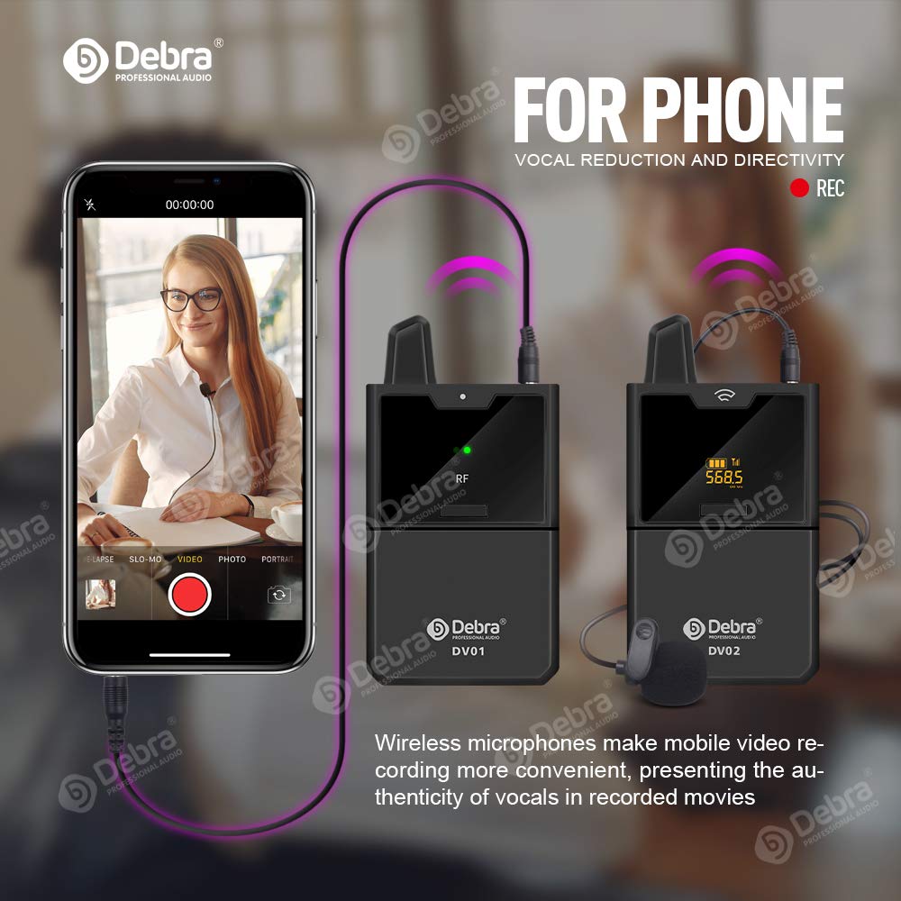 D Debra DV-02 UHF Wireless Lavalier Microphone with Remote Real-time Monitor Compatible with Smart Phone, DSLR Camera for Video Recording Interview