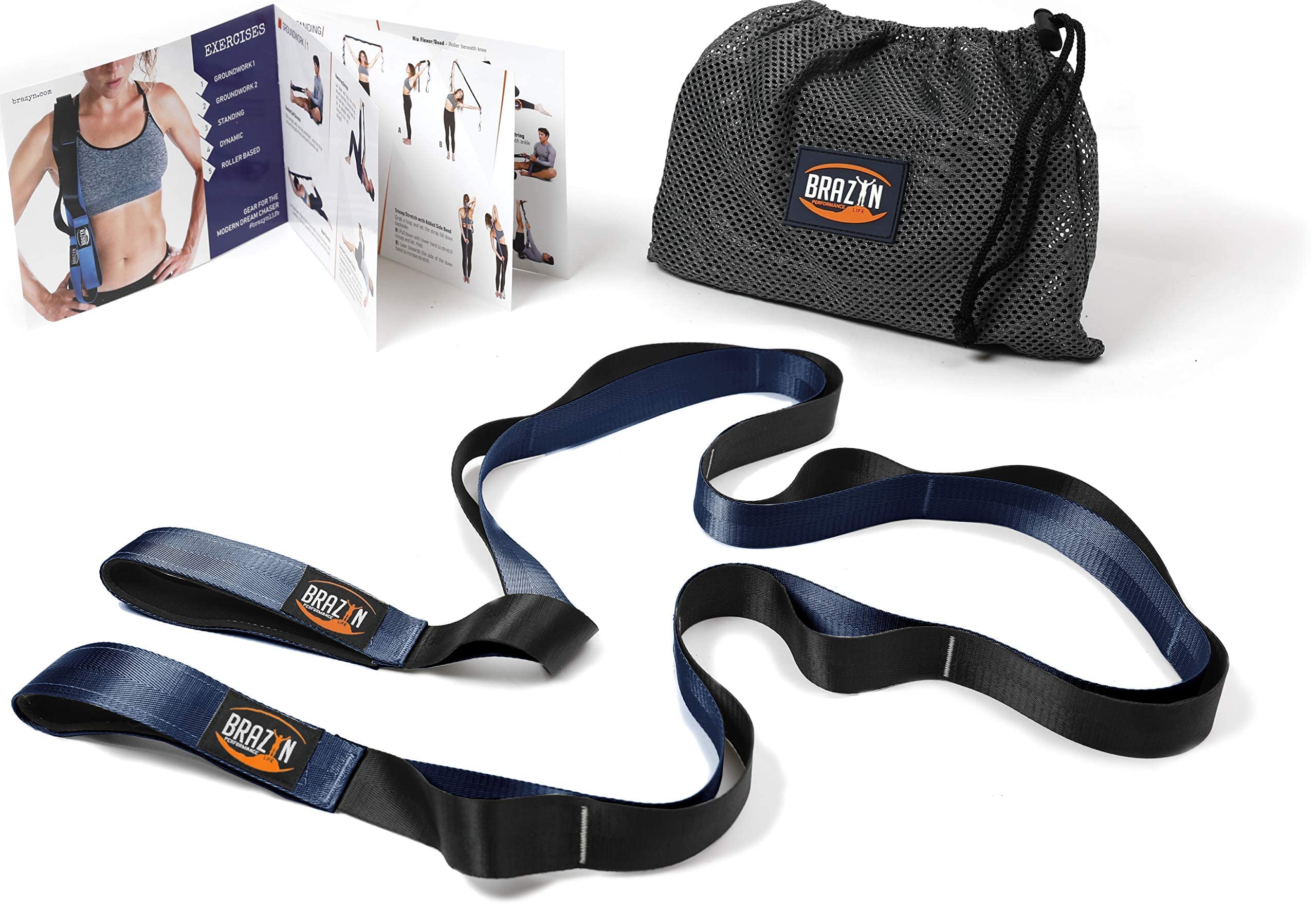 Brazyn Bundle - Resistance Bands Kit (with Handles) and Mobility Stretching Strap (Navy) for Home Workouts, Strength Training, Stretching, Yoga, Physical Therapy, Pilates, Dance and Gymnastics