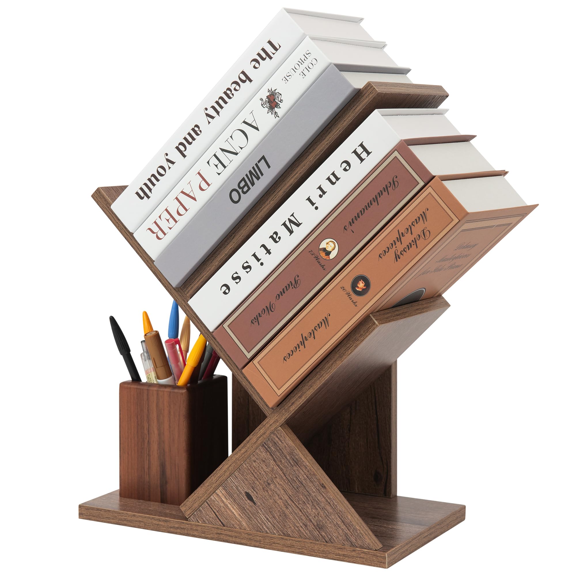 Labcosi 2 Tier Tree Bookshelf, Small Bookshelf for Storing Books/CDs, Wood Book Organizer Shelves for Home Office, Bedroom, Living Room, Rustic Brown