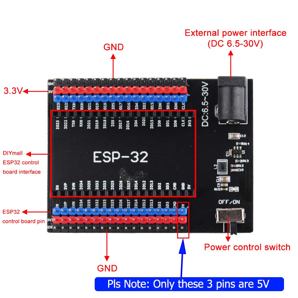 DIYmall DEVIT V1 ESP32-WROOM-32 Development Board, 36Pins ESP32, ESP-32S 2.4GHz WiFi+BT Dev Module CP2102 for Arduino DOIT, with ESP32 Expansion Board