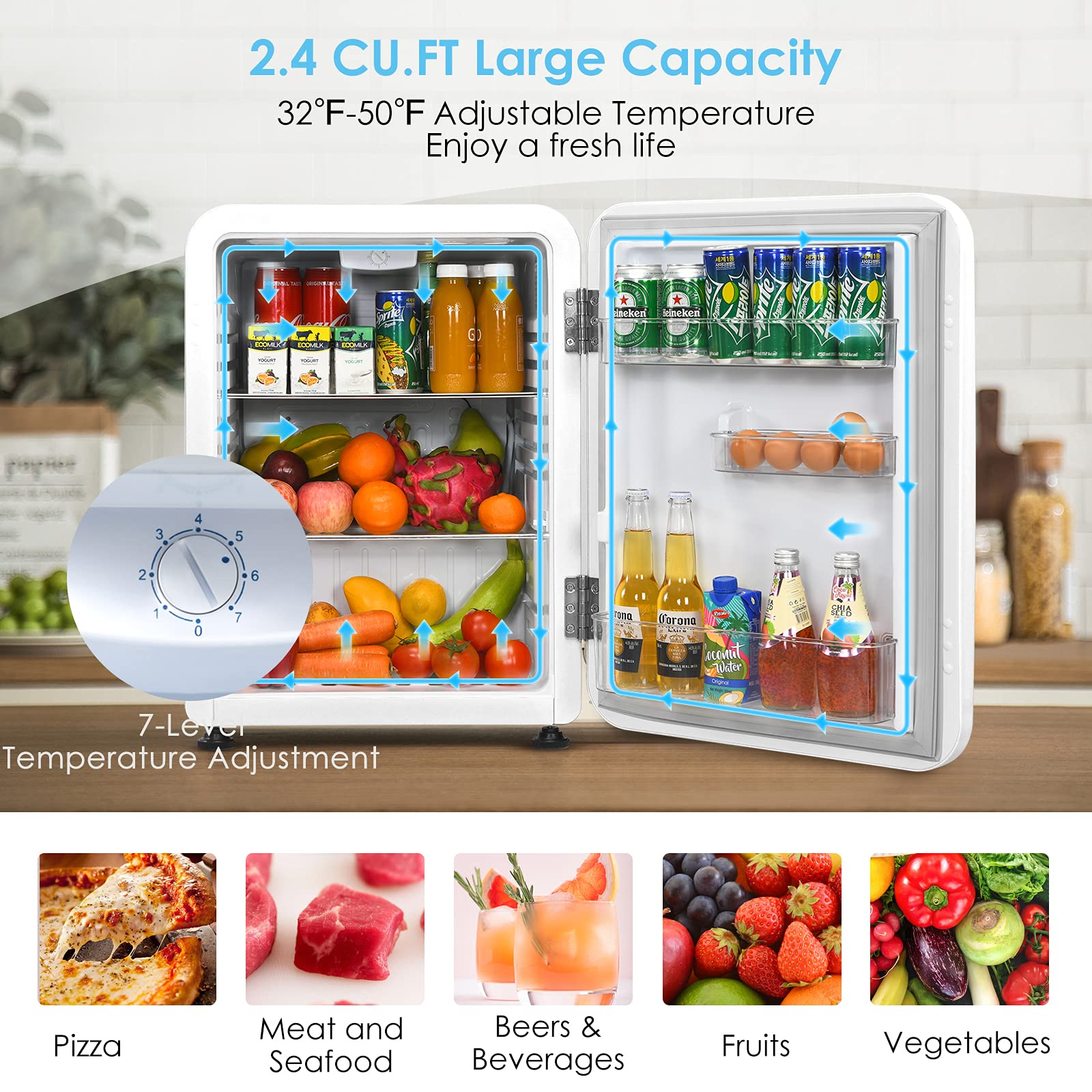 COSTWAY Compact Refrigerator, 2.4 cu ft. Single Door Small Fridge with Auto Defrost, Adjustable Temperature 32℉ to 50℉, Reversible Door, Removable Glass Shelves, Mini Fridge for Bedroom, Apartment, White