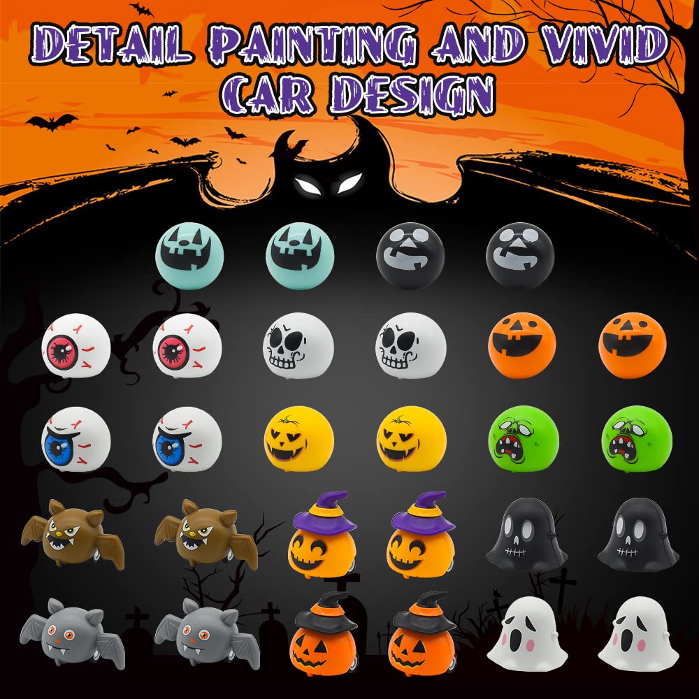 DAZZCOOL Halloween 28Piece Pull Back Cars and Trucks Toy Vehicles Set for Toddlers