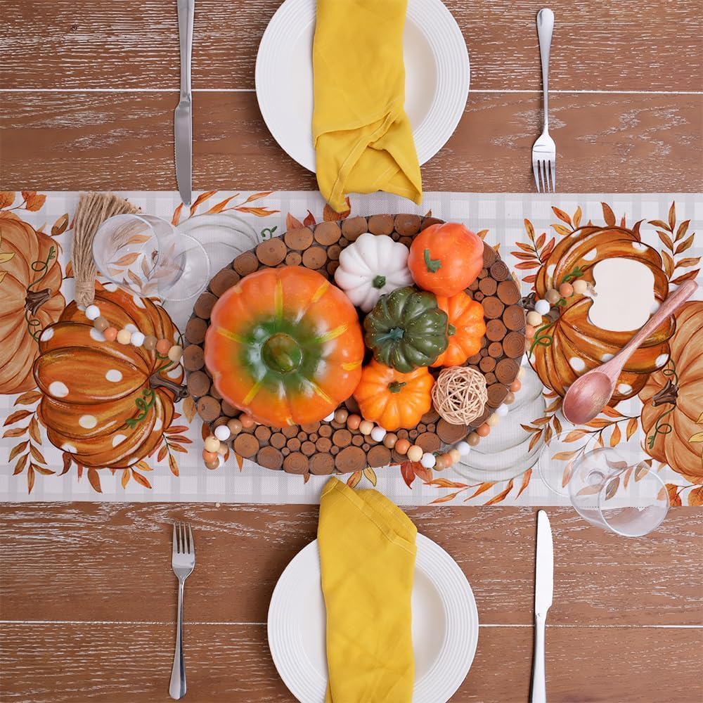 GEEORY Fall Table Runner, 13x72 Inch Pumpkins Leaves Farmhouse Table Decoration for Kitchen Dinning, Indoor Outdoor Dinner Party (Orange Pumpkins) GT124-72