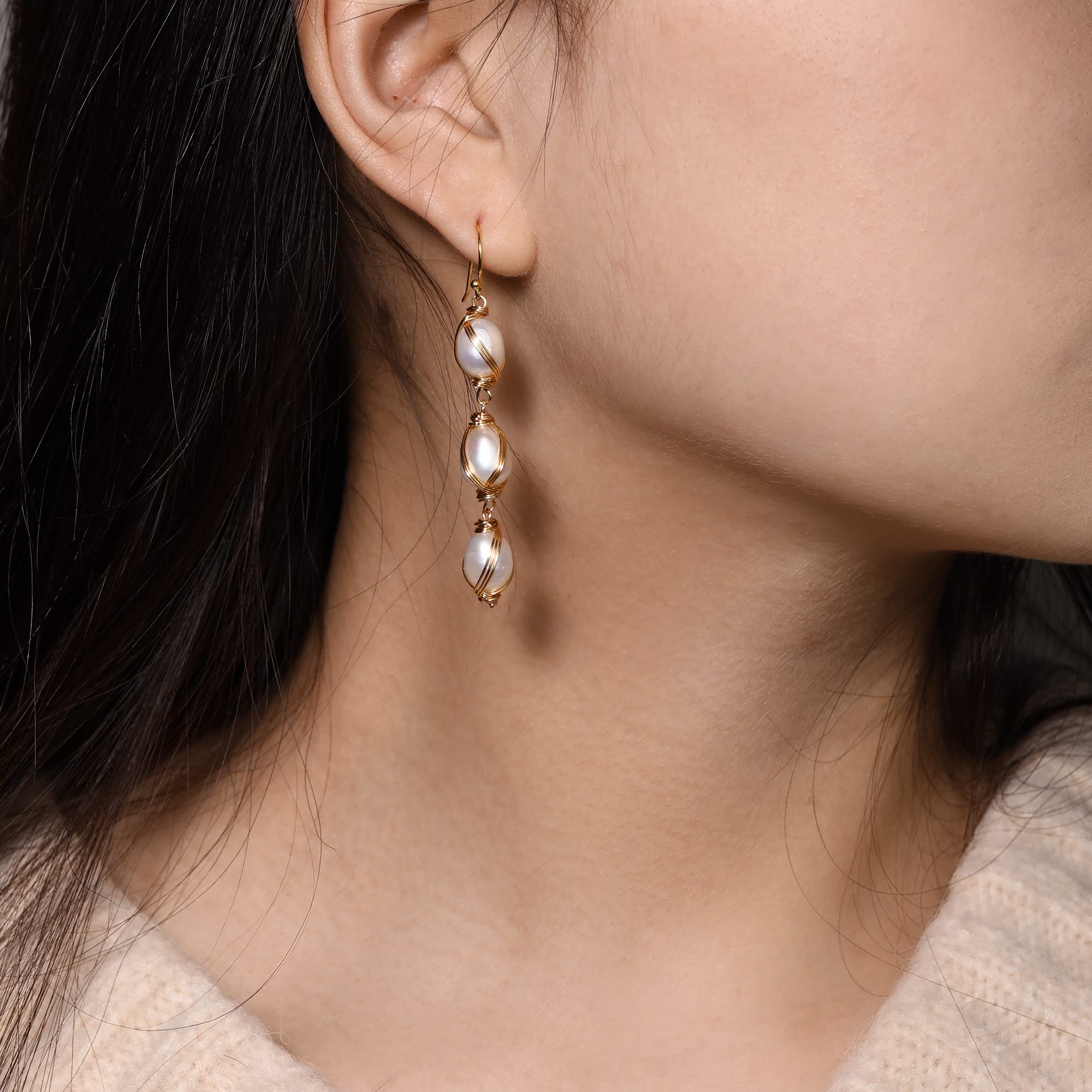 Cowlyn Pearl Earrings Baroque Cultured Handmade Wind Bossimi 925 Sterling Silver Post Long Chain Drop Dangle Statement Dainty Jewelry for Women