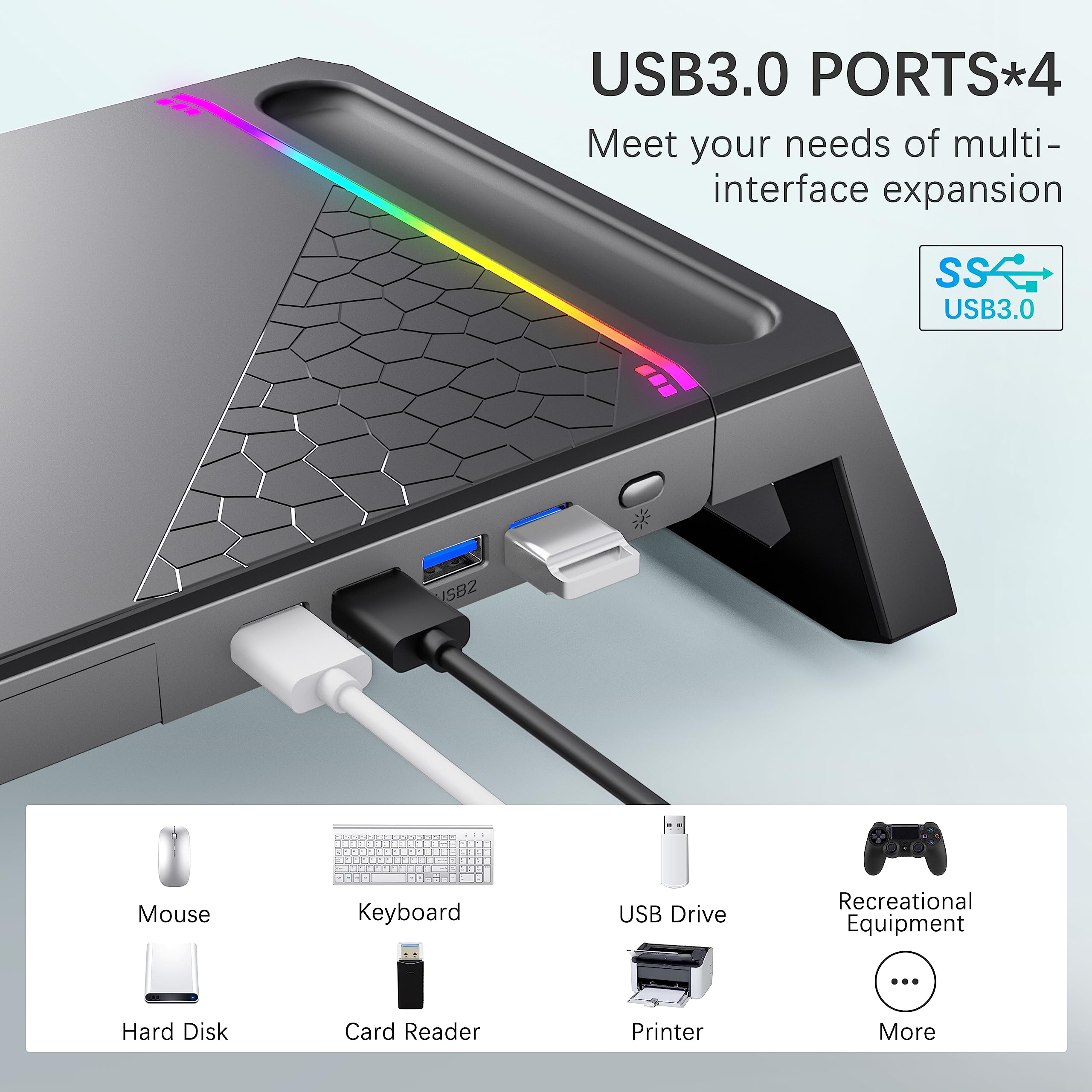 MOOJAY Monitor Stand for Desk RGB Gaming Lights with 4 USB 3.0 Hub
